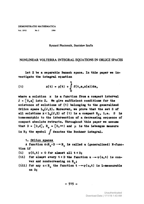 Pdf Nonlinear Volterra Integral Equations In Orlicz Spaces