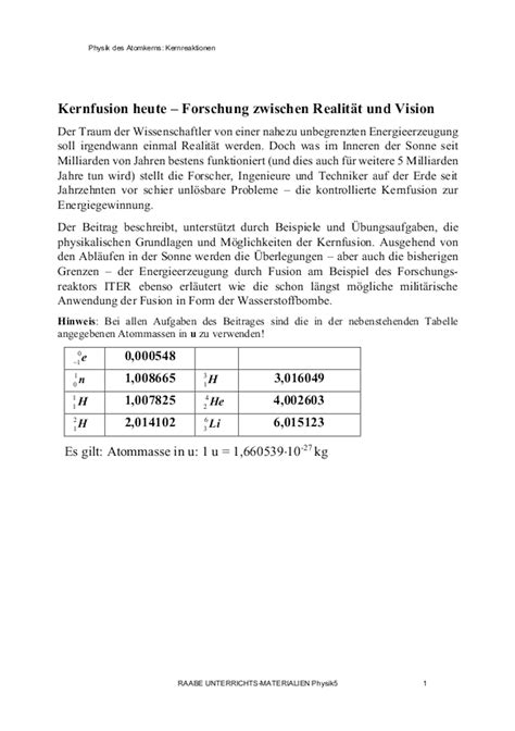 Sekundarstufe Unterrichtsmaterial Physik Atom Und Kernphysik Kernfusion Am Beispiel Des