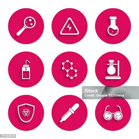 돋보기 아이콘 아래에 분자 피펫 실험실 유리 시험관 플라스크 생물학적 위험 기호 방패 세척 병 화학 물질 및 미생물을 설정합니다 벡터 건강 검진에 대한 스톡 벡터 아트 및