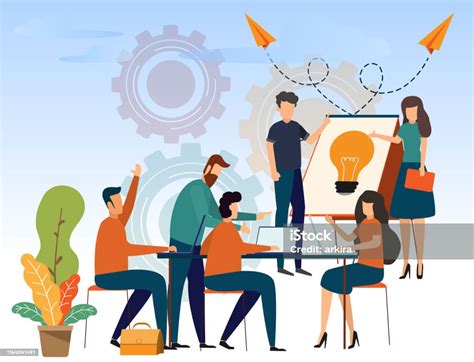 비즈니스 사람들은 공동 작업 센터에서 프리젠 테이션 및 프리랜서와 직원 토론과 팀워크 구성 벡터 일러스트레이션 벡터에 대한 스톡