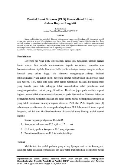 Partial Least Squares Pls Generalized Linear Dalam Regresi Logistik