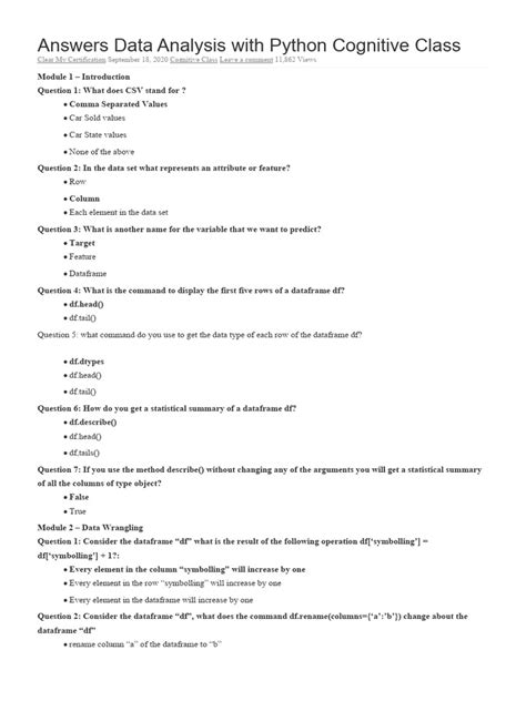 Cognitive Class Answers Data Analysis With Python Pdf Linear Regression Statistical