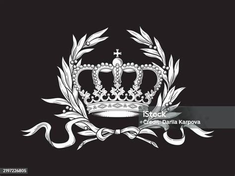 손으로 그린 왕실 왕관과 월계관 빈티지 라인 아트 문신 벡터 일러스트 레이 션 절연 문장에 대한 스톡 벡터 아트 및 기타 이미지 문장 새긴 이미지 판화 제작물