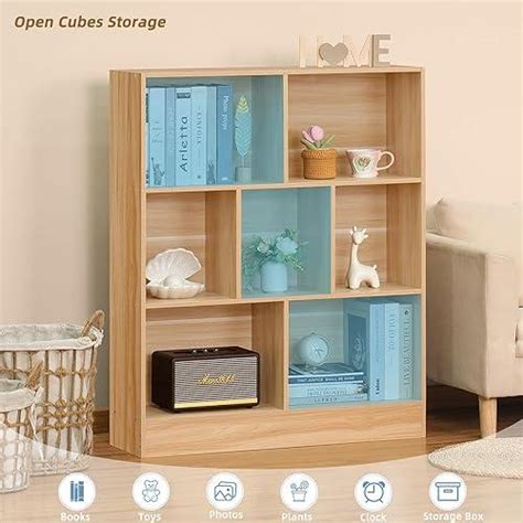 Leyaoyao 7 Cube Bookshelf With Base 3 Tier Mid Century Modern Natural Bookcase Standing Wide
