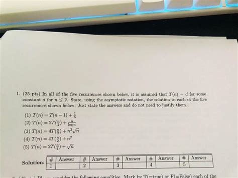 Solved 1 25 Pts In All Of The Five Recurrences Shown