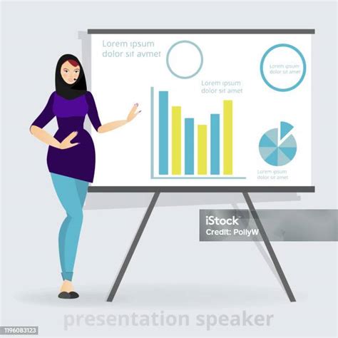 만화 아름 답게 웃는 아랍 여자 와 히잡 프레 젠 테이 션 스피커 근처 보드 와 그래프 가리키기에 대한 스톡 벡터 아트 및 기타