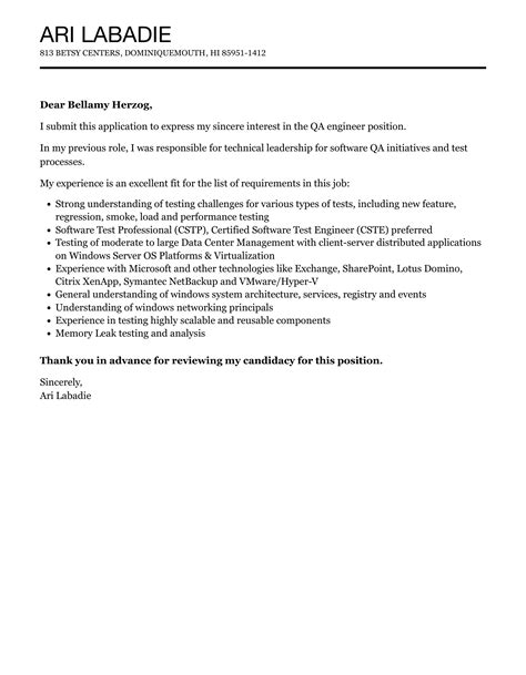 QA Engineer Cover Letter Velvet Jobs