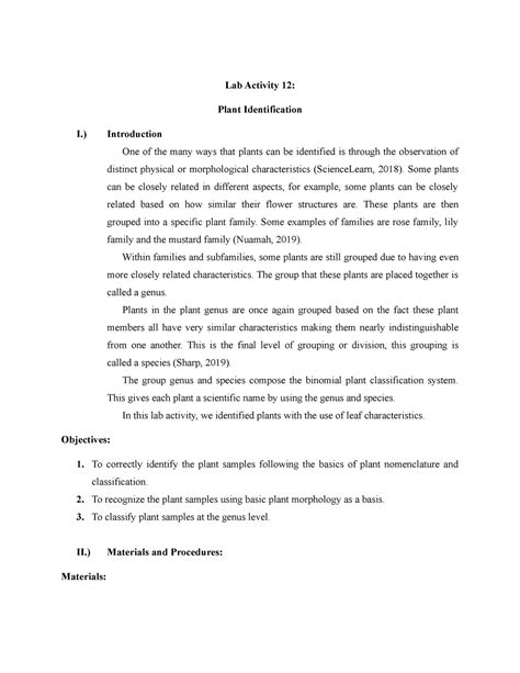 Lab Report Lab Activity Plant Identification I Introduction One Of The Many Ways That