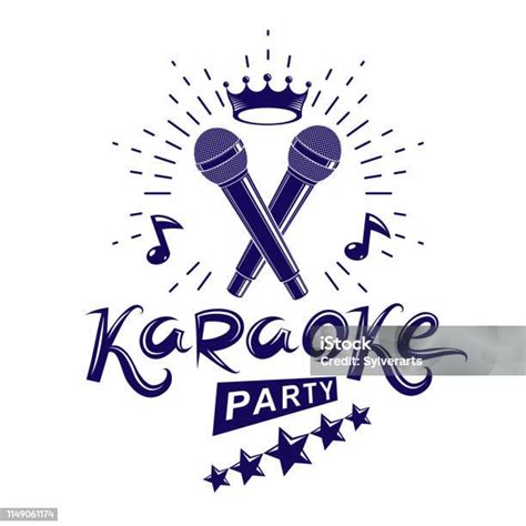 뮤지컬 노트와 5 오각형 별을 사용 하 여 구성 된 가라오케 파티 프로 모션 포스터 디자인 랩 배틀 컨셉 2 단계 마이크 벡터 일러스트 레이 션 공연에 대한 스톡 벡터 아트