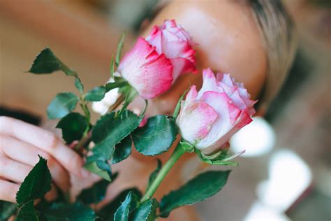 무료 사진 발렌타인 데이에 로맨틱한 선물로 받은 분홍색 장미 꽃다발을 들고 있는 여성