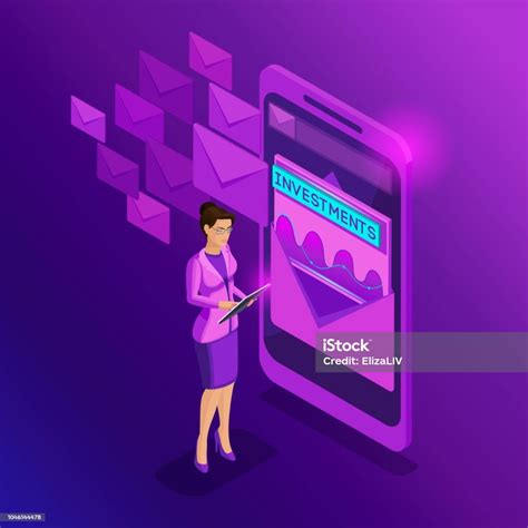 아이소메트릭 여성 봐 이메일 받은 편지함 전자 스마트폰 탐색 메일 연구 분석 보고서 및 통계 통신 전자 메일 마케팅 그래프에 대한 스톡 벡터 아트 및 기타 이미지 Istock