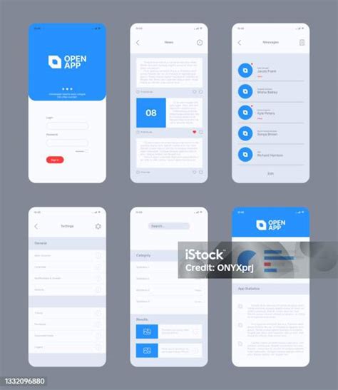 스마트 폰 Ui 디자인 웹 프레임 레이아웃 템플릿 모바일 응용 프로그램 Ui 키트 버튼 분할 개인 텍스트에 대한 장소와 사진 화려한 벡터 레이아웃을 미리 보기 그래픽 사용자