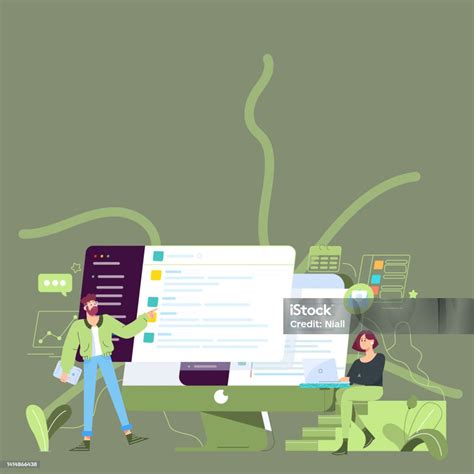 데스크톱 컴퓨터를 사용하여 서로 작업을 수행하는 데 도움이되는 커플 드로잉 남자는 테이블이있는 큰 모니터 화면을 가리키며 레이디가 작업을 끝내도록 도와줍니다 금융에 대한