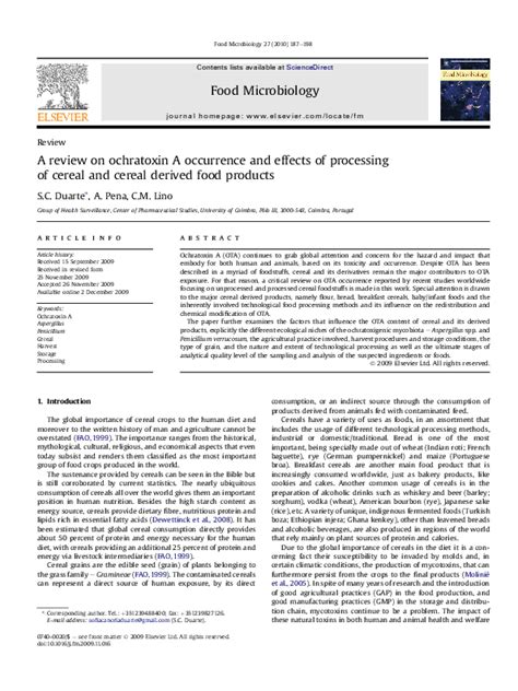 Pdf A Review On Ochratoxin A Occurrence And Effects Of Processing Of Cereal And Cereal Derived