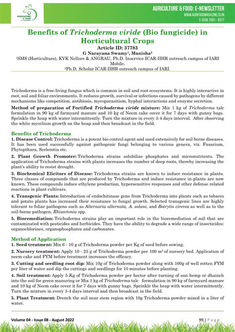 Pdf Benefits Of Trichoderma Viride Bio Fungicide In Horticultural Crops
