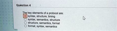 Solved The Key Elements Of A Protocol Are Syntax Structure Timing Semantics And Format