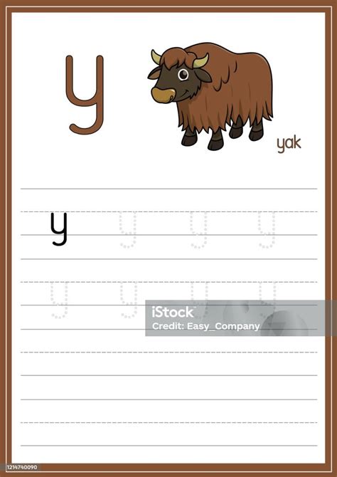 A4 용지 크기에 연습 Abc를 추적 하는 학습 을 배우는 아이 들을 위한 알파벳 문자 Y 소문자와 야크의 벡터 그림 인쇄 준비 4 5세에 대한 스톡 벡터 아트 및 기타
