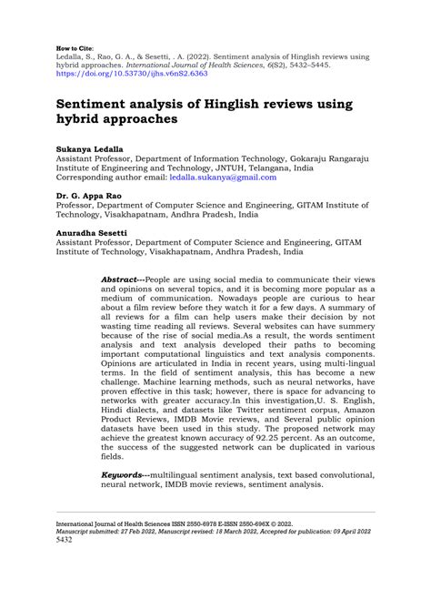 Pdf Sentiment Analysis Of Hinglish Reviews Using Hybrid Approaches