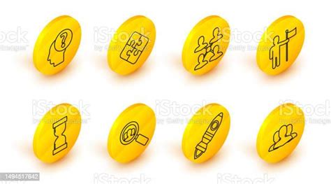 라인 사용자 그룹 사람 검색을 위한 돋보기 흐르는 모래 깃발을 들고 있는 남자 프로젝트 팀 기지 퍼즐 조각 및 인간 머리 물음표 아이콘을 설정합니다 벡터 실톱에 대한 스톡