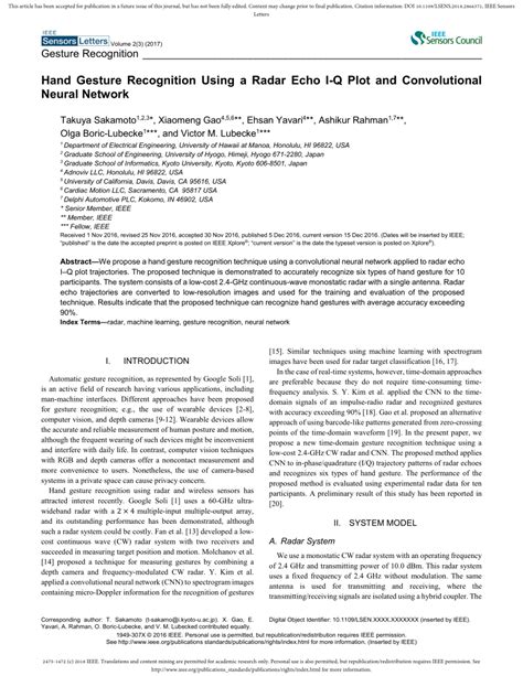 PDF Hand Gesture Recognition Using A Radar Echo I Q Plot And Convolutional Neural Network