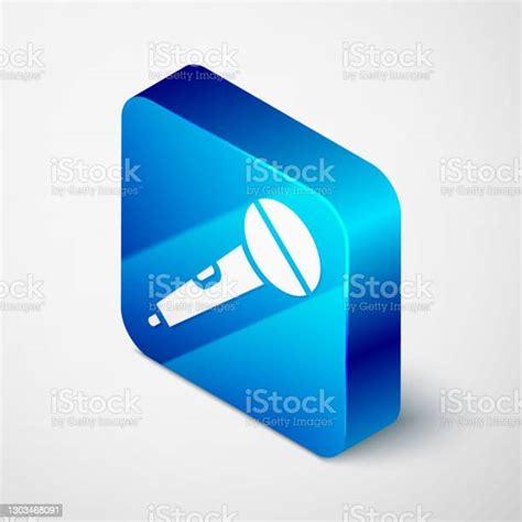 회색 배경에서 격리된 등색 마이크 아이콘입니다 공기 라디오 마이크 마이크에 스피커 기호입니다 파란색 정사각형 버튼 벡터 3차원 형태에 대한 스톡 벡터 아트 및 기타 이미지