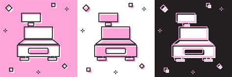 분홍색과 흰색 검은 색 배경에 격리 된 체크 아이콘으로 금전 등록기 기계를 설정합니다 계산원 기호 캐쉬박스 기호입니다 벡터 일러스트레이션 검은색에 대한 스톡 벡터 아트 및