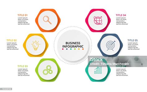 다이어그램 그래프 프리젠 테이션 및 라운드 차트에 대한 인포 그래픽 디자인 벡터 및 마케팅 아이콘 6가지 옵션이 있는 개념 0