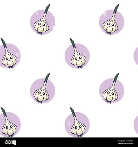 Cute Kawaii Garlic Seamless Pattern In Doodle Style Vector Hand Drawn