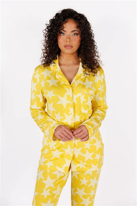 Bright Stars In Gold Long Sleeve And Pant Pajama Set In My Sundays