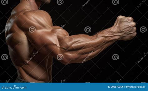 Tense Arm Clenched Into Fist Veins Bodybuilder Muscles On A Dark Background Neural Network Ai