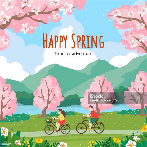 봄 꽃 풍경입니다 자전거 여행 글자가 새겨진 꽃 시즌 카드 강과 녹색 식물 꽃이 만발한 벚꽃 나무 커플은 자전거를 탄다 공원 도로 벡터 그림 배경 벚꽃에 대한 스톡 벡터