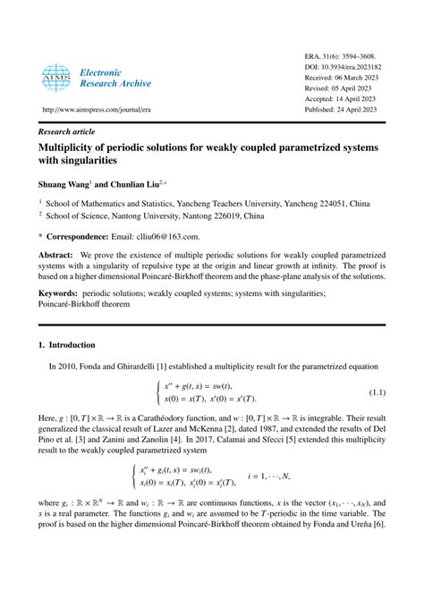 PDF Multiplicity Of Periodic Solutions For Weakly Coupled Parametrized Systems With Singularities