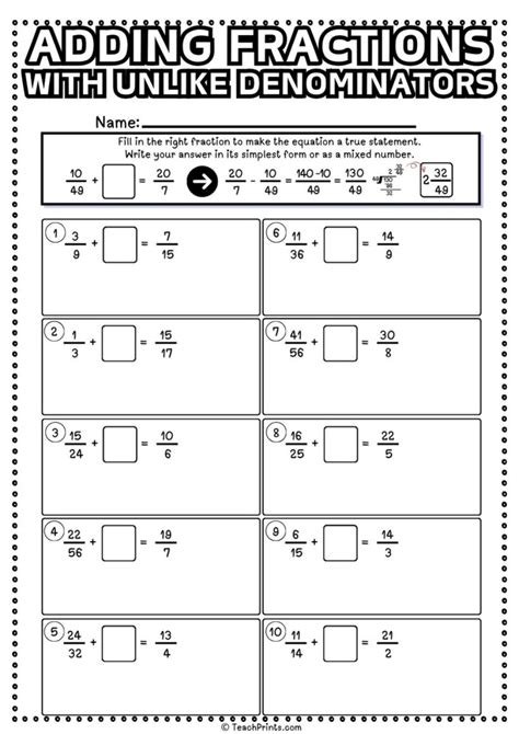 Free Adding Fractions With Unlike Denominators Worksheets Teach Prints