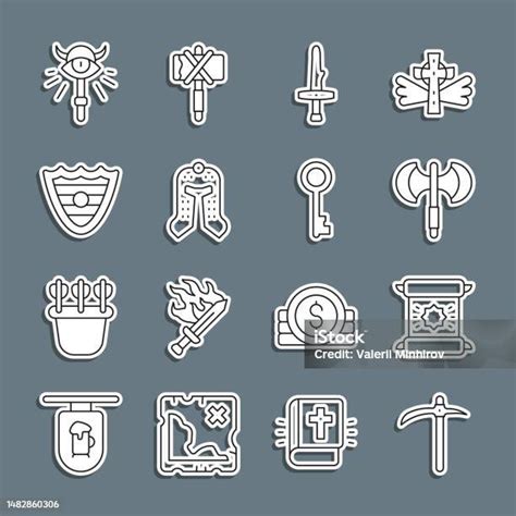 세트 라인 곡괭이 법령 양피지 두루마리 중세 장대 도끼 단검 헬멧 방패 마법 지팡이 및 오래된 열쇠 아이콘 벡터 강철에 대한 스톡 벡터 아트 및 기타 이미지 Istock