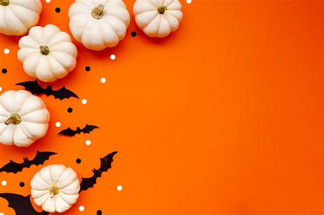 할로윈 플랫 레이 구성의 검은 종이 박쥐 랜드 호박을 오렌지색 배경에 놓습니다 할로윈 개념 0명에 대한 스톡 사진 및 기타 이미지 Istock