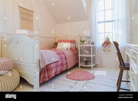 Single Bed With Red Pink And Grey Tartan Bedspread White Painted