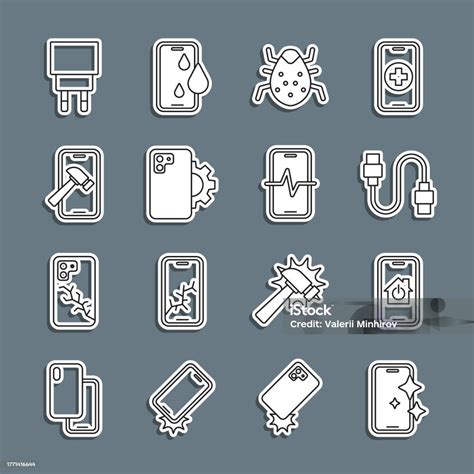 설정 라인 유리 화면 보호기 스마트 홈이 있는 모바일 Usb 케이블 코드 시스템 버그 전화 수리 서비스 고장난 충전기 및 아이콘 벡터 Brand Name Smart