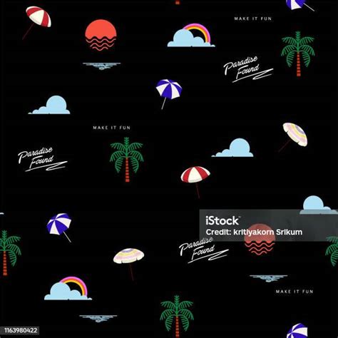 해변 아이콘 요소 야자수 하늘 무지개 태양 우산 바다와 워드와 같은 원활한 여름 패턴은 검은 색 배경 색에 반복 발견 0명에 대한 스톡 벡터 아트 및 기타 이미지 Istock