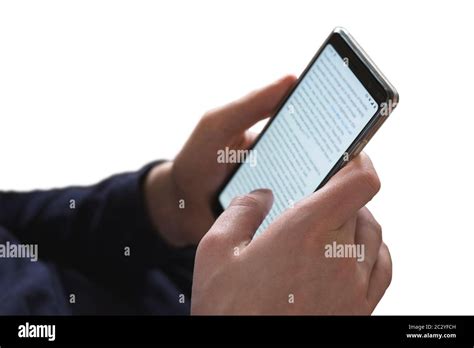 Man Scrolling With His Fingers And Reading Messages On His Smartphone Isolated On White Stock