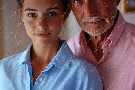 Closeup Portrait Of Young Woman Embracing Older Man Happily Premium