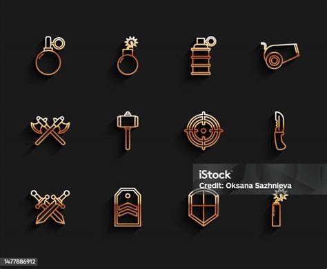 세트 라인 중세 검 갈매기 모양 수류탄 방패 다이너마이트 폭탄 스틱 시계 전투 망치 군용 칼 및 대상 스포츠 아이콘을 교차했습니다 벡터 캐논볼 다이빙에 대한 스톡 벡터 아트