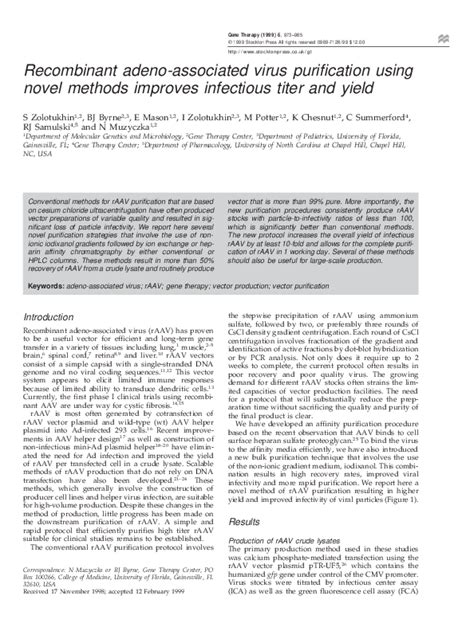 Pdf Recombinant Adeno Associated Virus Purification Using Novel Methods Improves Infectious