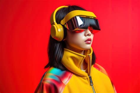 Premium Ai Image Beautiful Asian Woman Wearing Virtual Reality Goggles