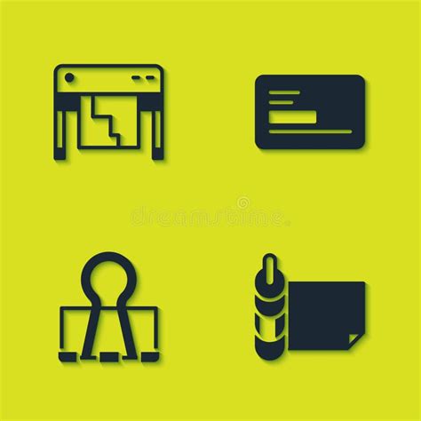 Set Plotter Roll Of Paper Binder Clip And Business Card Icon Vector Stock Illustration