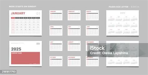 2025 페이지 월간 캘린더 플래너 템플릿 세트 사진 공간이 있는 표지 회사 로고 연간 20252026 벡터 캘린더 페이지 크기 디자인 인쇄용 Letter 85x11 In