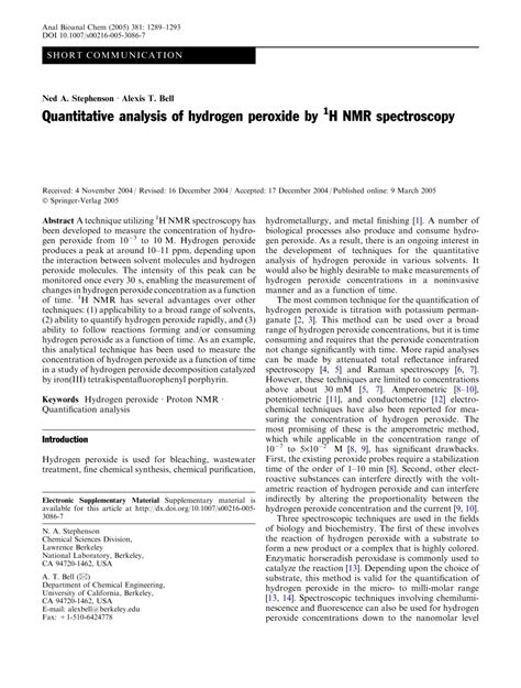 Pdf Quantitative Analysis Of Hydrogen Peroxide By 1h Nmr Spectroscopy