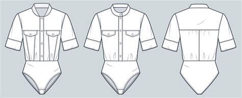 셔츠 테크니컬 패션 일러스트레이션 세트 바디 수트 패션 플랫 기술 도면 템플릿 버튼 다운 짧은 소매 주머니 앞 뒤보기 흰색 여성 남성 남녀 공용 Cad 모형 데님 셔츠에