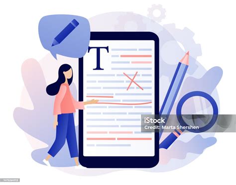 온라인 편집자 및 카피 라이팅 서비스 스마트폰 앱에서 편집 작은 사람들이 문법과 철자 문서 페이지를 검사하는 카피라이터 현대 평면 만화 스타일입니다 벡터 그림 오기에 대한