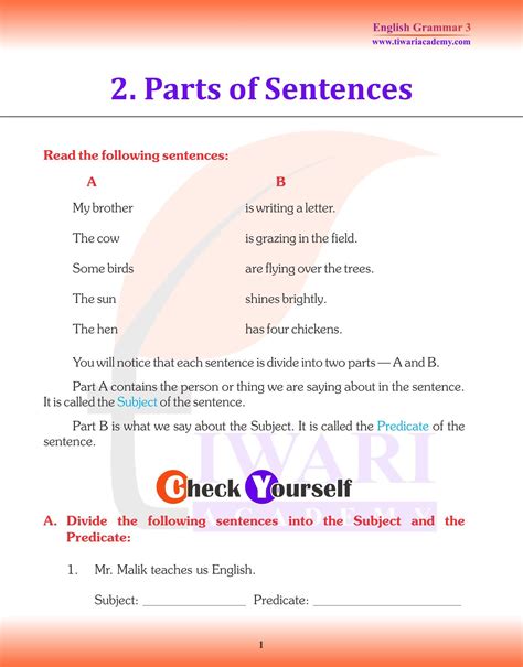Class 3 English Grammar Chapter 2 Parts Of Sentences For 2025 26