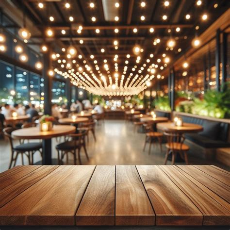 Premium Psd Wooden Table In Front Of Restaurant Background